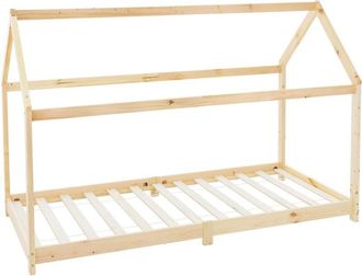 ML Design Kinderbett 90 x 200 cm mit Dach und Lattenrost, Natur, Hausbett f&uuml;r M&auml;dchen und Jungen, Kinderhaus aus massivem Kiefernholz, Bodenbett Jugendbett