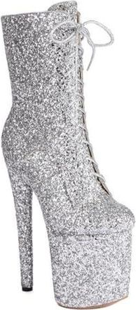 Generic Bottines tendance &agrave; paillettes pour femme avec lacets et fermeture &eacute;clair lat&eacute;rale, bout rond, ultra stiletto, talon haut, chaussures de danse, Argent