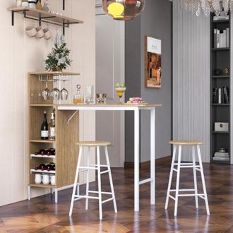 Costway Costway - Table Haute Cuisine avec Tabouret, Mange Debout Industriel avec Porte-Verre Porte-Bouteilles, Table Bar avec Tabouret 2 Personnes Compact