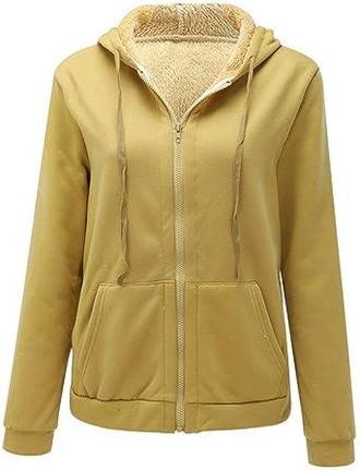 Generic Sweat à capuche en polaire confortable pour femme - Veste pelucheuse - Couleur unie - Manches longues - Fermeture éclair - Veste courte ample pour fem