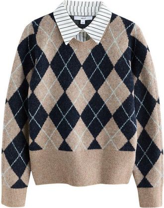 Next Strickpullover Pullover mit Kragenlage, Print und Wollanteil (1-tlg)