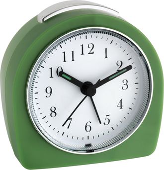 TFA Dostmann Analoger Wecker, 60.1021, leises Uhrwerk, Alarm mit Snooze-Funktion, Hintergrundbeleuchtung, grün, L 87 x B 55 x H 90 mm, 60.1021.04