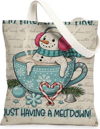 Generic Sacs fourre-tout en toile motif bonhomme de neige dhiver, sacs d&eacute;picerie r&eacute;utilisables, vintage, confortables, l&eacute;gers et lavables, bleu, 13x15 Inch