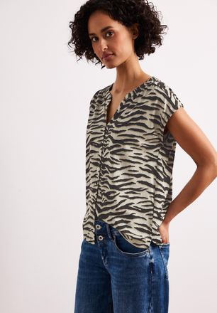 Street One Blusenshirt STREET ONE, Damen, Gr. 34, espresso braun, Web, 50% Modal, 50% Baumwolle, gemustert, normal normal, Rundhals, abgesteppt, Shirts Blusenshi