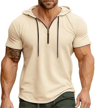 Generic T-shirt &agrave; capuche pour homme - Fermeture &eacute;clair 1/4 - Manches courtes - Pull dentra&icirc;nement - Pull de gym - Chemise muscle d&eacute;t&eacute; avec capuche - T-shirt 