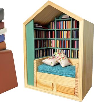 Generico Miniatur-, B&uuml;cherregal aus Holz, 200 B&uuml;cher, 2 Kissen, Dekoration f&uuml;r Schlafzimmer, Zimmer, Reisen, Studenten, Nachttisch, Wohnzimmer, Schreibtisch, K