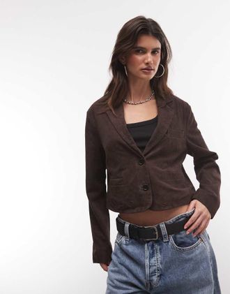 AllSaints Apton ensemble 2 pi&egrave;ces blazer court en daim et cuir marron