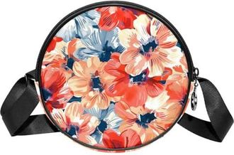 Generic Sac &agrave; bandouli&egrave;re rond pour femme, motif fleurs rouges printani&egrave;res, sac &agrave; dos avec fermeture &eacute;clair, bretelles r&eacute;glables, sac &agrave; main rond d&eacute;contract&eacute;