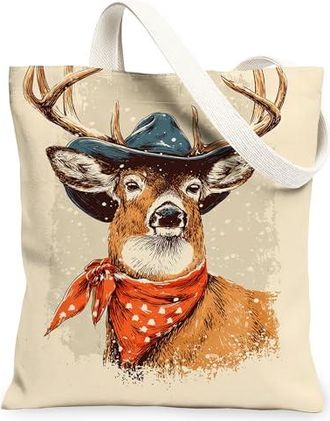 Generic Sacs fourre-tout vintage en toile de cerf occidental, motif art animal rustique, sacs d&eacute;picerie r&eacute;utilisables, l&eacute;gers et lavables avec bandouli&egrave;re, be