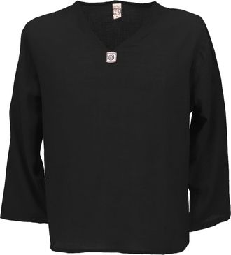 Guru Shop Yoga Hemd, Alternatives Baumwollhemd, Leichtes Freizeithemd, Langarm Schlupfhemd - Schwarz, Herren, Baumwolle, Size:XL