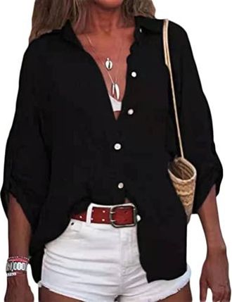 Onsoyours Chemisier à Col en V pour Femmes Chemise Tunique Décontractée Vintage Coton et Lin Baggy Tops Casual Oversize Manche Longue pour Le Travail Noir XL