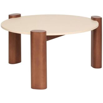 PEGANE Table basse ronde sur 3 pieds coloris Noyer/Beige - Diam&egrave;tre 85,5 x Hauteur 43 cm