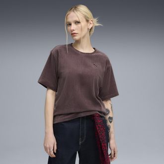 Puma T-shirt d&eacute;contract&eacute; en velours c&ocirc;tel&eacute; Essentials Elevated Femme, V&ecirc;tements, Violet, S