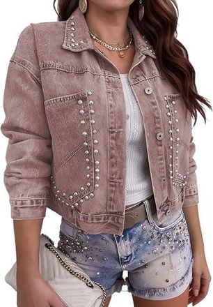 Generic Veste en jean courte pour femme avec rivets, style d&eacute;contract&eacute;, manches longues, clout&eacute;e, d&eacute;lav&eacute;e, l&eacute;g&egrave;re, id&eacute;ale pour le printemps et lautomne, rose,