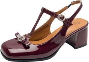 Generic Chaussures Femme Mary Janes À Bride T Talons Carrés Noeud Décor Bride Arrière Cuir Verni Tige Réglable Bout Carré Confortables Robe,Burgundy,42.5 EU