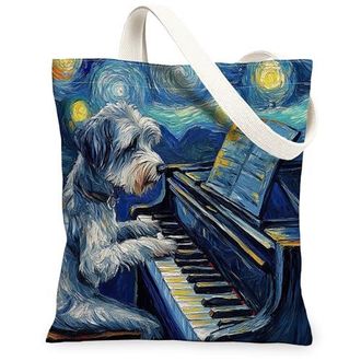Generic Sac fourre-tout en toile motif chien Schnauzer 33 x 38,1 cm, motif piano &eacute;toil&eacute;, sac d&eacute;picerie r&eacute;utilisable, sac d&eacute;picerie pour femme, animal domestiq