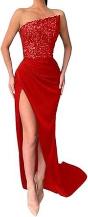 Generic Robe de soir&eacute;e scintillante &agrave; manches longues pour femme - Coupe ajust&eacute;e - Longueur genou - Robe de soir&eacute;e tendance pour invit&eacute;e de mariage, Rouge, XL
