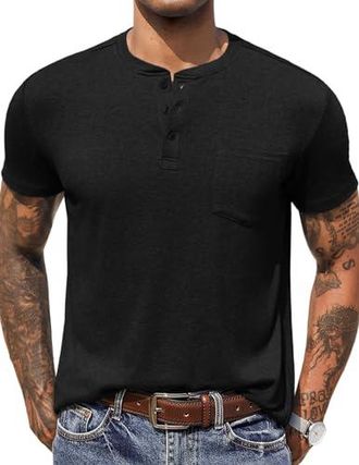 Coofandy Henley T-Shirt Uni à Manches Courtes pour Hommes Loisirs Basic Tee avec Patte de Boutonnage Noir XXL