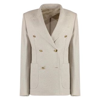 Max Mara Femme, Vestes, Beige, Taille: 40 FR Blazer en Coton à Double Boutonnage avec Col Revers