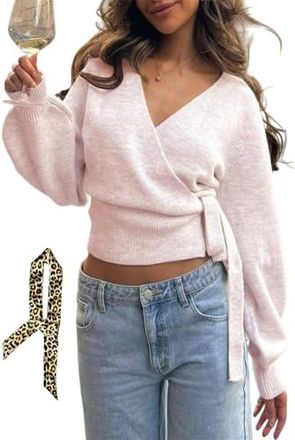 Generic Pull en tricot &agrave; col en V crois&eacute; pour femme avec noeud irr&eacute;gulier, manches longues nou&eacute;es sur le c&ocirc;t&eacute;, haut court tendance en tricot, rose, XL