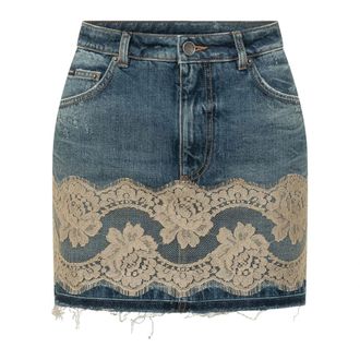 Dolce & Gabbana Femme, Jupes, Bleu, Taille: 34 FR Jupe en jean avec dentelle