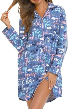 Mia Lucce Chemise de nuit pour femme avec flanelle, chemise de nuit avec boutonnière et plaid, chemise de nuit longue pour femme, Lettre de lalphabet bleue, XXL