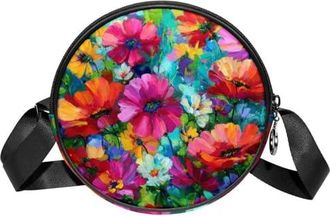 Generic Petit sac &agrave; bandouli&egrave;re rond pour femme, sac &agrave; bandouli&egrave;re &agrave; motif floral avec fermeture &eacute;clair, bretelles r&eacute;glables, sac &agrave; main rond d&eacute;contract&eacute; pour