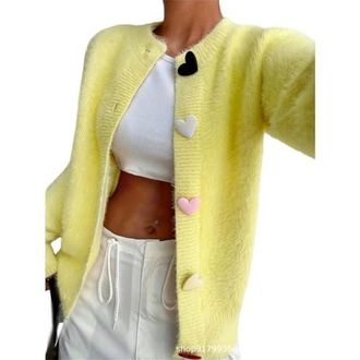 Generic Cardigan en tricot pelucheux pour femme - Couleur unie - Motif coeur arc-en-ciel - Confortable - Manches longues, jaune, XL