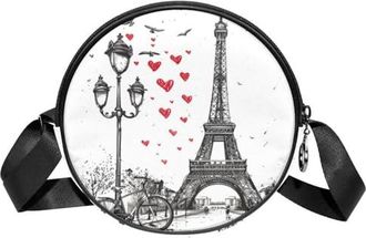 Generic Sac &agrave; bandouli&egrave;re circulaire pour femme, tour Eiffel ancien, coeurs, petit sac &agrave; dos &agrave; bandouli&egrave;re avec fermeture &eacute;clair, bretelles r&eacute;glables, sac &agrave; m