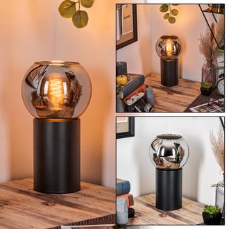 HOFSTEIN Tischleuchte Koyoto, Tischlampe aus Metall/Glas in Schwarz/Chrom-/Rauchfarben, Leuchte im Retro/Vintage-Design mit Glasschirm (&Oslash; 15cm), E14, Wohnzimme