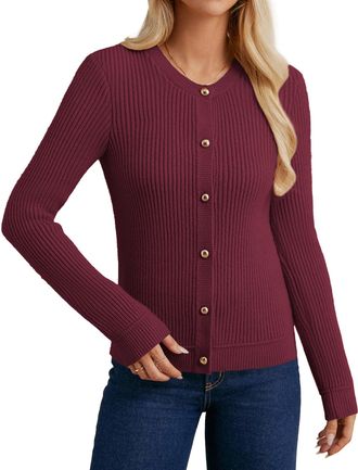 Grace Karin Strickjacke Damen Elegant Rundhals Langarm Herbst Cardigan Damen mit Kn&ouml;pfen Business Blazer Jacke Dunkelrot XXL