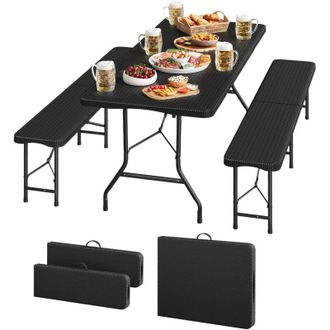 Woltu Ensemble de Meubles de Jardin, Set de 3 pi&egrave;ces : Table + 2 bancs Pliables, avec Structure en M&eacute;tal, en Aspect Rotin, Noir