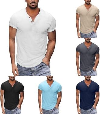 Generic Chemise de loisirs pour homme à manches courtes infroissable - Chemise de plage à manches courtes en lin blanche - Chemise dété en lin - Col en V - In
