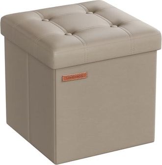 Songmics Sitzhocker 38 cm, Aufbewahrungsbox faltbar, Fu&szlig;hocker mit Deckel, aus Kunstleder, bis 300 kg belastbar, f&uuml;r Eingang, Wohnzimmer, Schlafzimmer, kamelbr
