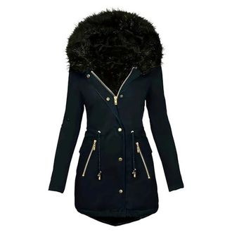 Generic Parkas Manteau matelass&eacute; mi-long avec capuche en fausse fourrure et cordon de serrage &agrave; la taille pour femme, bleu marine, 4XL