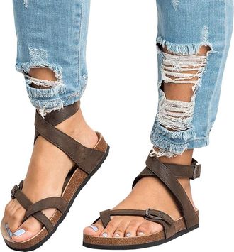 Minetom Damen Sandalen Flache Römersandalen Schnalle Thong Flip Flop Casual Sommerschuhe Retro Mit Kork-Fussbett A Braun 42 EU