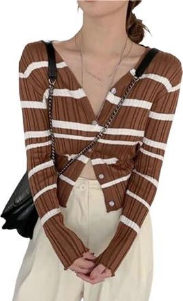 Generic Y2k Cardigan &agrave; rayures cor&eacute;ennes en tricot fin avec boutons d&eacute;contract&eacute;s et col en V pour femme, Caf&eacute;, taille unique