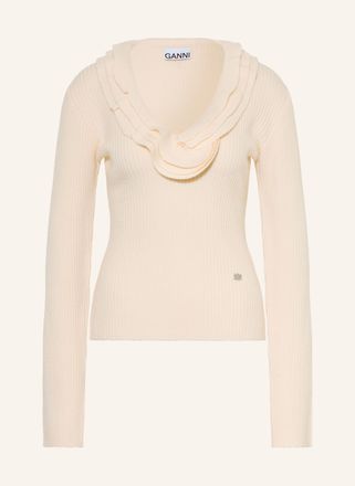 Ganni Pullover Mit Merinowolle Und Volants beige