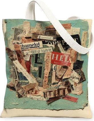 Generic Sacs fourre-tout vintage en toile, motif collage, sacs &agrave; provisions r&eacute;utilisables, l&eacute;gers et lavables avec bandouli&egrave;re en toile pour T, beige, 13x15 I