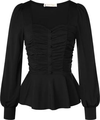 Belle Poque Haut p&eacute;plum &agrave; manches longues bouffantes et col carr&eacute; fronc&eacute; sur le devant pour femme, Noir, XXL