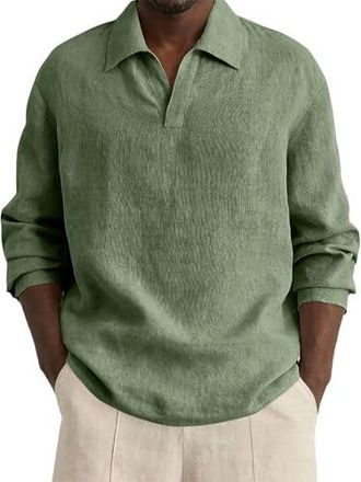 Generic Polo en coton et lin pour homme - Manches longues - Col &agrave; revers - Col en V - Couleur unie - Coupe ample - Costume extensible pour l&eacute;t&eacute;, Vert noir, 3X