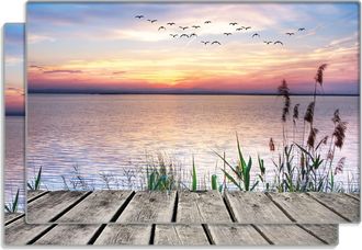 Wallario 2er Set Fr&uuml;hst&uuml;cksbrettchen aus Glas, Glasunterlage, Glasbrettchen Seepanorama mit Schilf und fliegenden V&ouml;geln, Gr&ouml;&szlig;e 30 x 20 cm, Sicherheitsglas