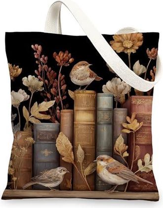 Generic Sacs fourre-tout en toile motif floral vintage, sacs à provisions réutilisables, élégants, rustiques, légers et lavables, noir, 13x15 Inch