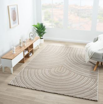 Vimoda Teppich Wohnzimmer Kurzflor Schlafzimmer Wellen Hochtief-Muster/Modern lebendige Optik, Farbe:Taupe, Ma&szlig;e:120x170 cm