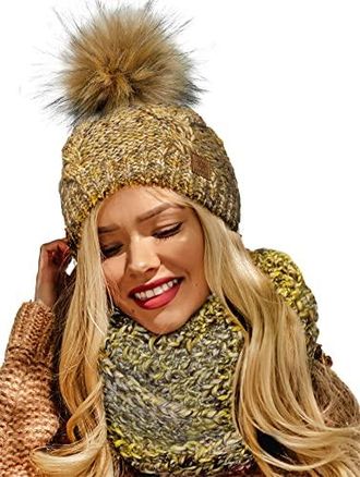4sold Femme Set Bonnet et &eacute;charpe Alpaga dhiver Wool Chapeau Hat Grande Pom Pom Bonnet dhiver Chaud Doublure Polaire - Set Mustard