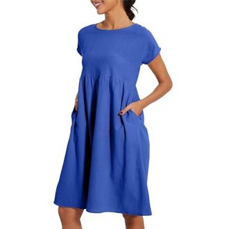 Generic Robes en lin pour femme taille 52/54 - Robe d&eacute;t&eacute; grande taille midi couleur unie en coton mi-longue robe &agrave; manches courtes coupe ample taille 52 avec 