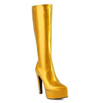 Generic Bottes hautes m&eacute;talliques &agrave; bout pointu pour femme, fines et extensibles, avec fermeture &eacute;clair lat&eacute;rale, talons bloqu&eacute;s, chaussures de f&ecirc;te, jaune, 3