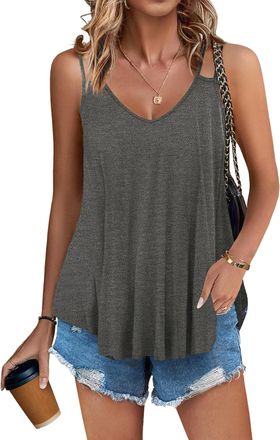 Zeagoo Damen Summer Tops V-Ausschnitt &Auml;rmellose Locker Oberteile Leicht Luftig Flowy Spaghetti Top Weiche Blusentop Grau L