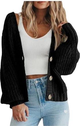 Generic Pull &eacute;pais ouvert sur le devant &agrave; manches longues en tricot boutonn&eacute; pour femme, Noir, 3XL