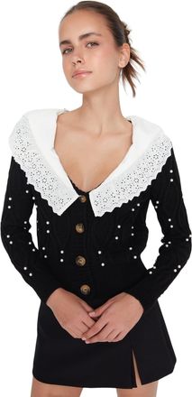 Trendyol Schwarz Shirt Woven Garni Collar Detailliert Strickwaren Cardigan Twoaw23Hi00291
